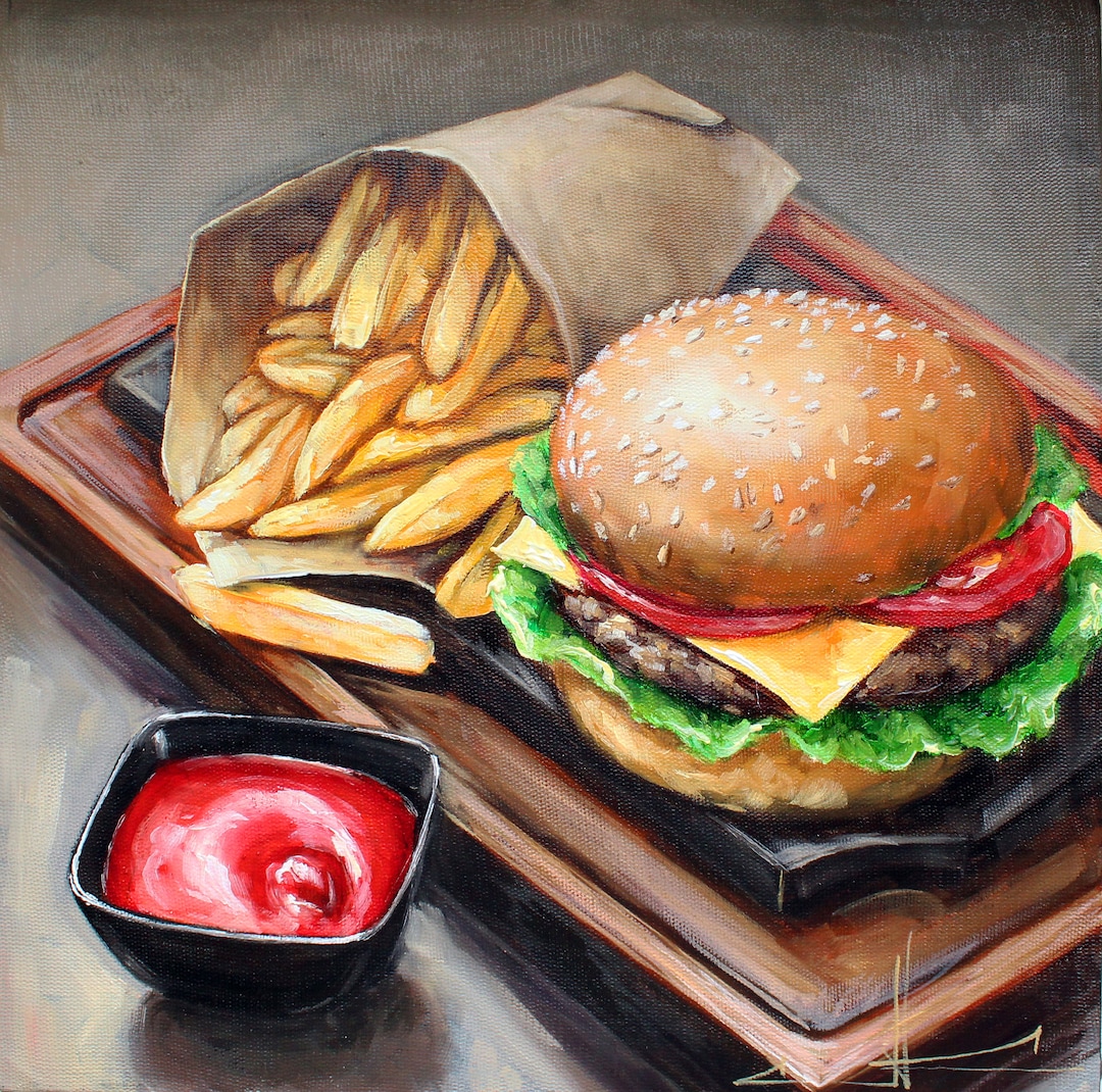 Burger Painting Original Art Oil Painting on Canvas Food Painting Small ...