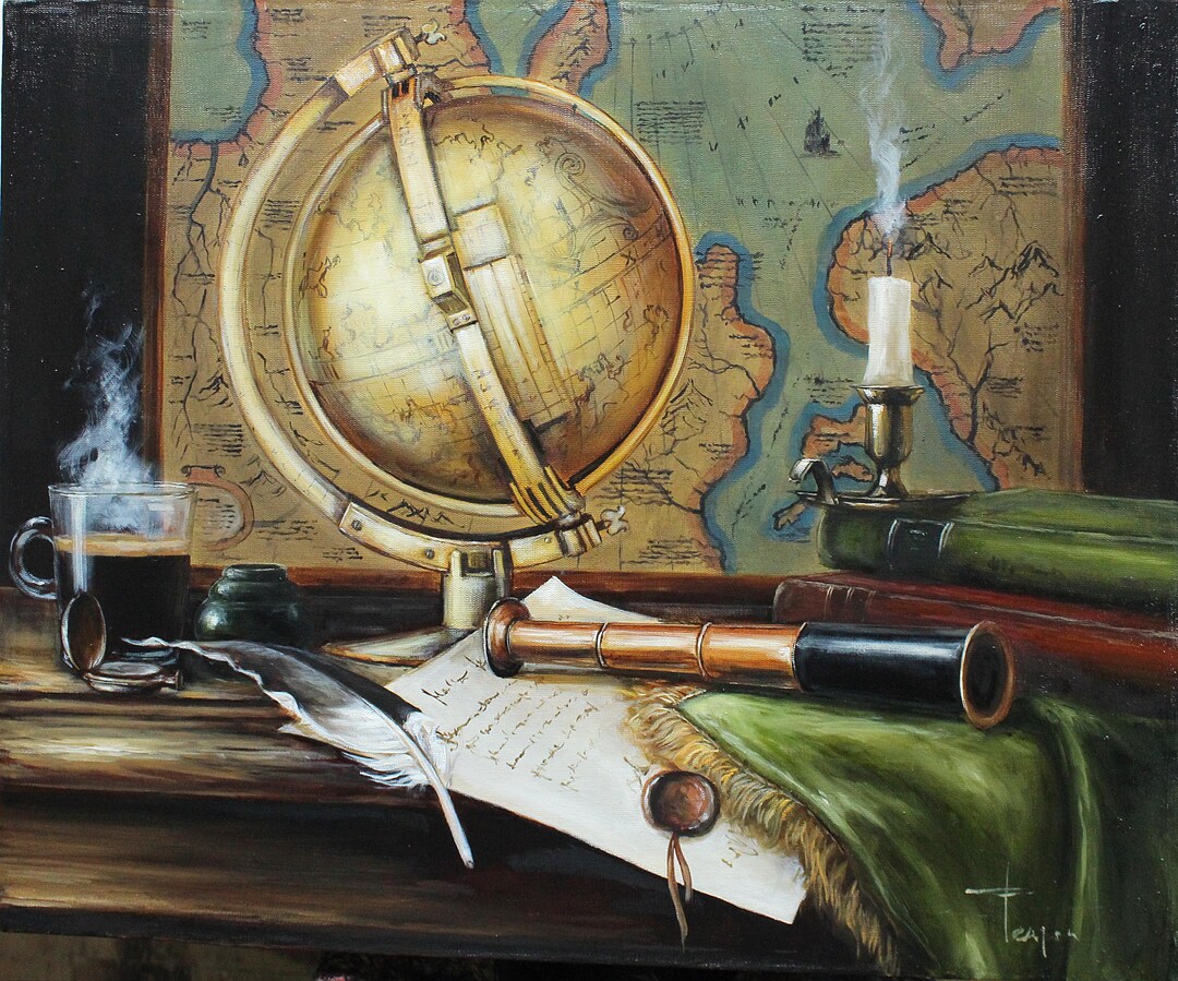 Retro Still Life With Geographical Maps and Globe Original Painting ...
