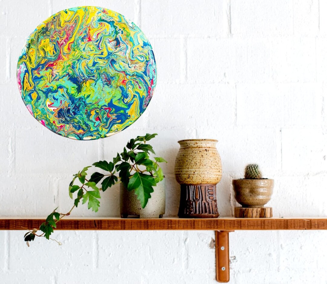 Colorful Mood. Abstract Expressionism Painting on Wooden Round Board ...
