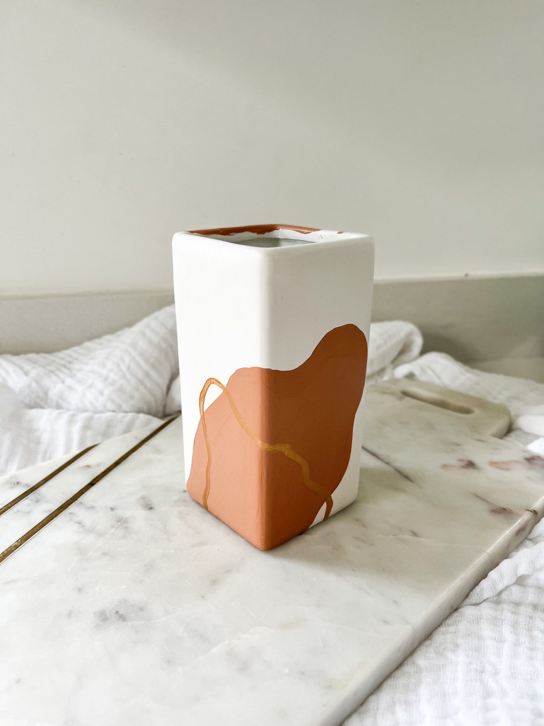 Burnt Orange Vase Rectangle Vase Hand-painted Vase Gold and - Etsy