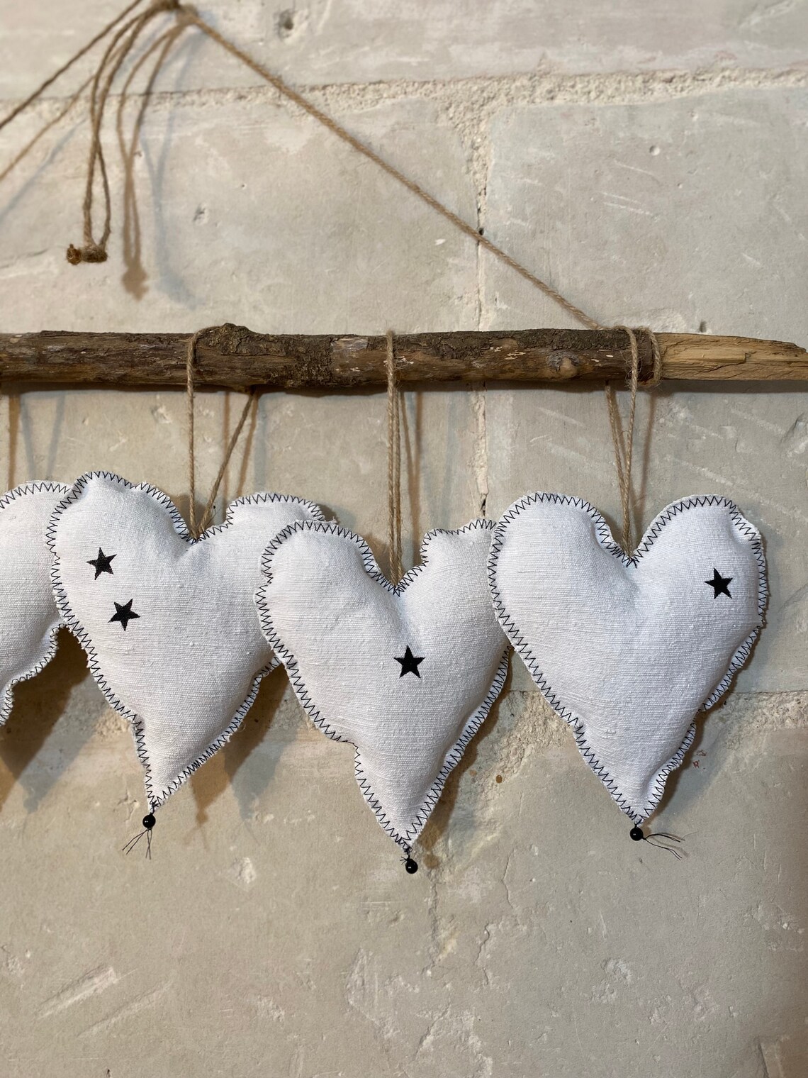 5 Hearts With Black Stars , Antique French Linen Late 19th Century ...