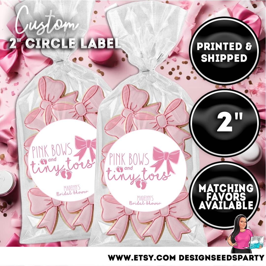 Pink Bows & Tiny Toes Favor Labels, Custom 2 Inch Round Stickers, Baby ...