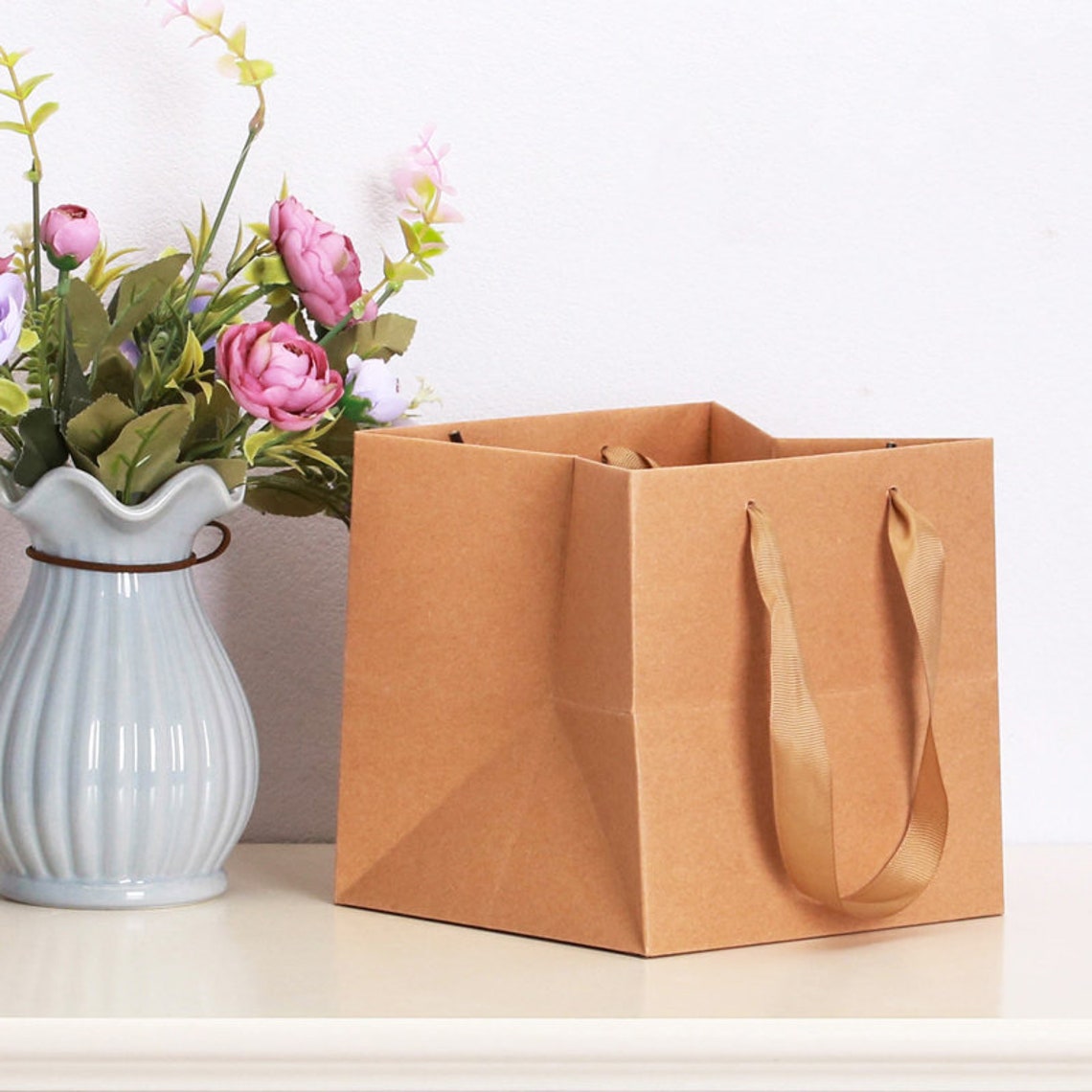 Square Paper Bag With Ribbon Handle 10 Pcs. Paper Shopping Bags, Bulk ...