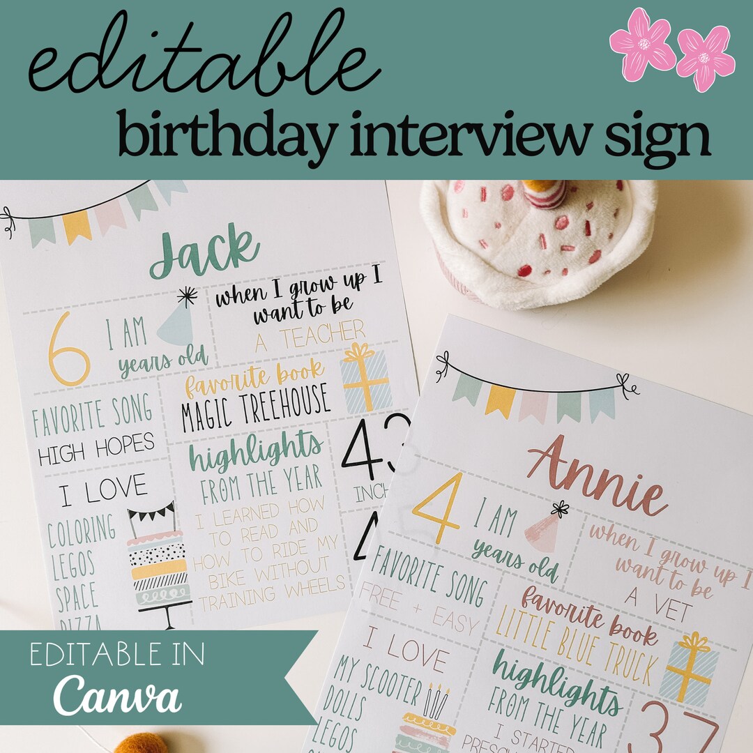 Kids Birthday Interview Printable Sign | Editable Birthday Milestone ...