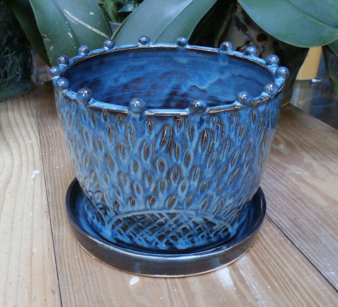 Handmade Blue Pottery Planter - Ceramic Planter With Drainage and ...