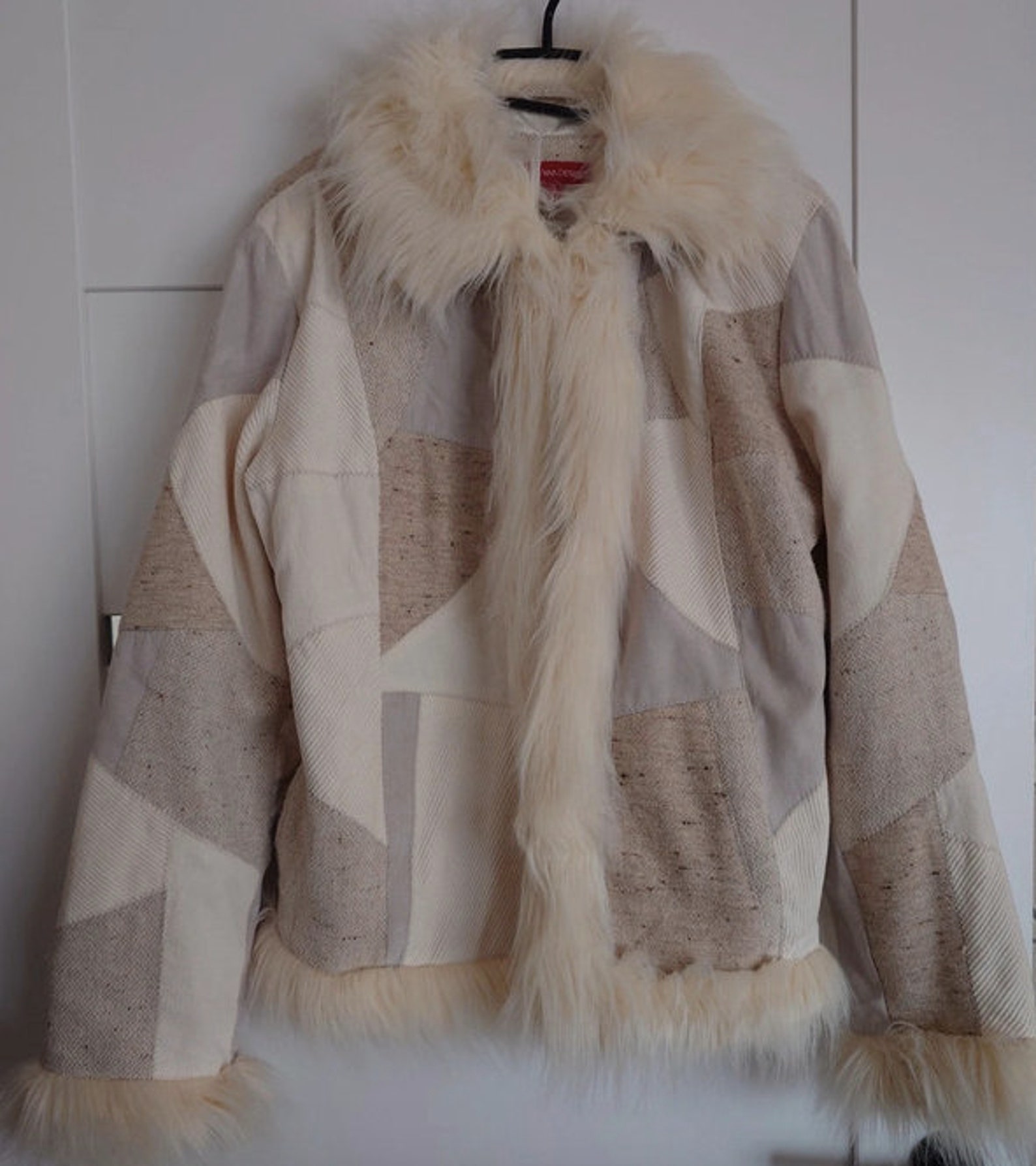 Penny Lane Patchwork Coat Cream Afghan Jacket Vintage Block Shaggy Fur ...