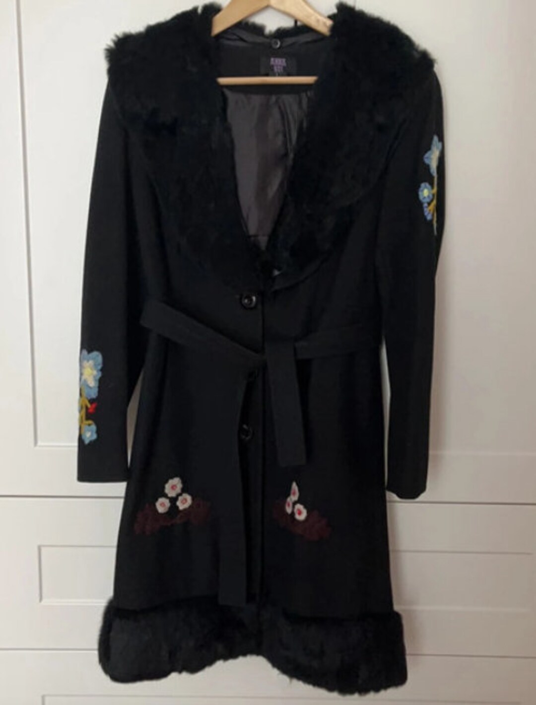 Anna Sui Embroidered Coat / Black Fur Collar Trim / Size M / Penny Lane ...
