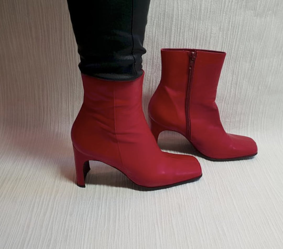 Vintage Y2K Square Toe Ankle Boots / 90s Red Leather Ankle Boots ...