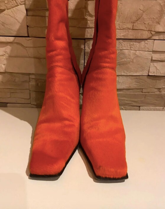 Y2K Orange Pony Leather Ankle Boots / Mid Calf 90s Boots Bright Orange ...