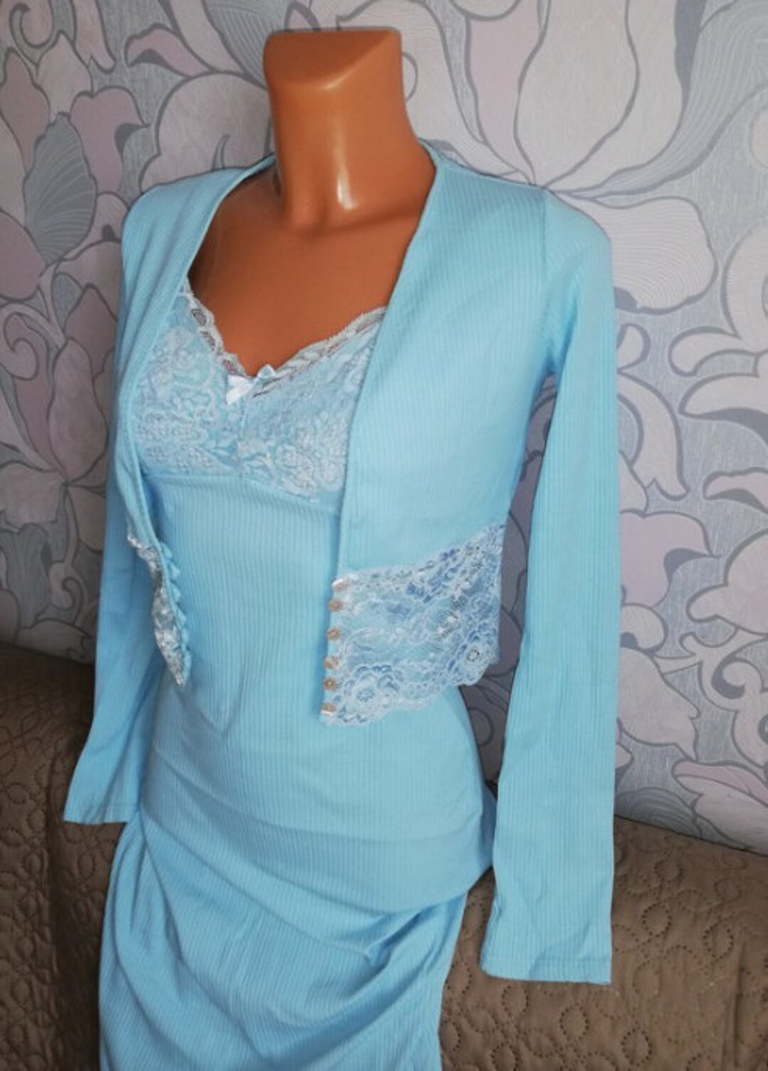 90s Baby Blue Morgan De Toi Slip Cami Dress and Cardigan Top Set /size ...