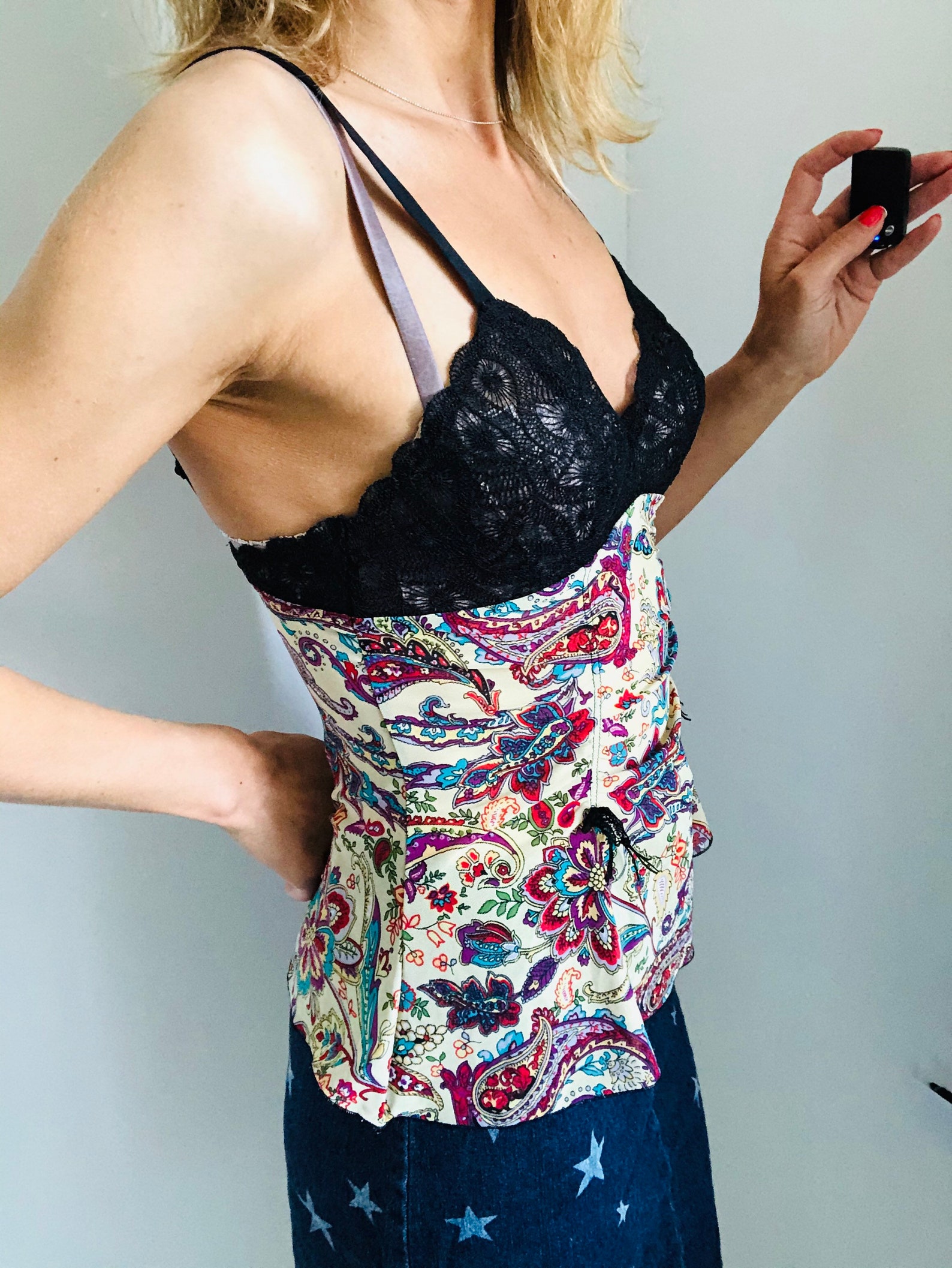 Vintage Corset Cami Top Size Sm Mesh And Lace Mix Paisley 90s Etsy