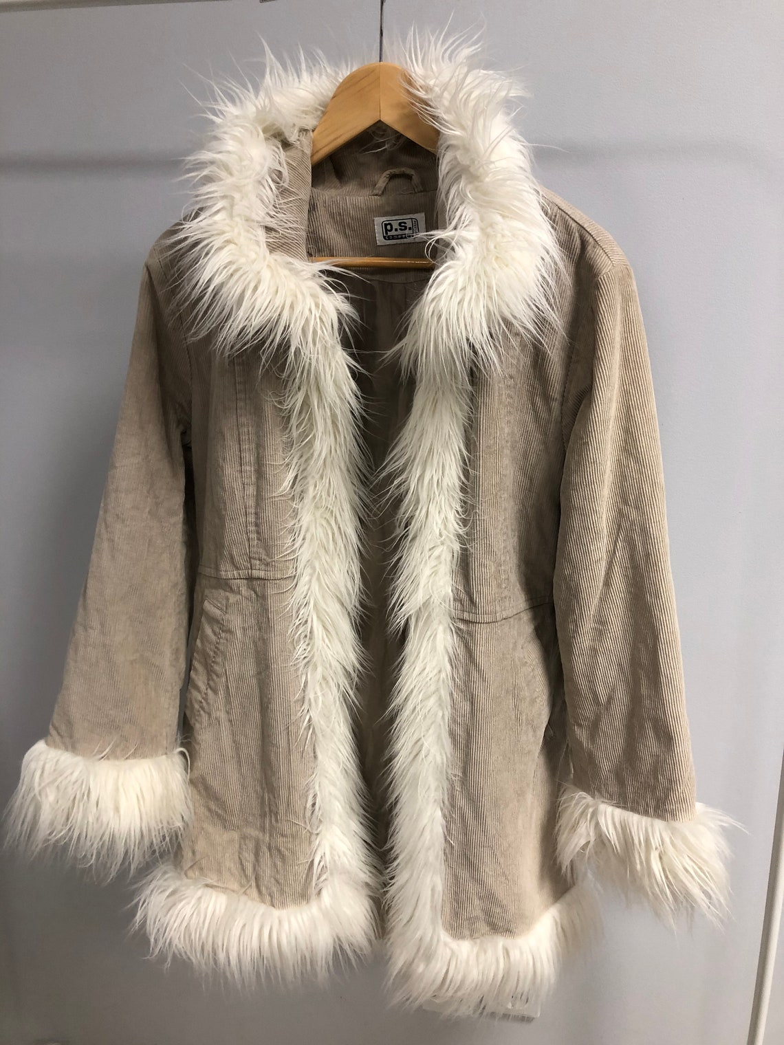 90s Beige Cord White Fur Afghan Jacket Coat / Vintage Bohemian Shaggy ...