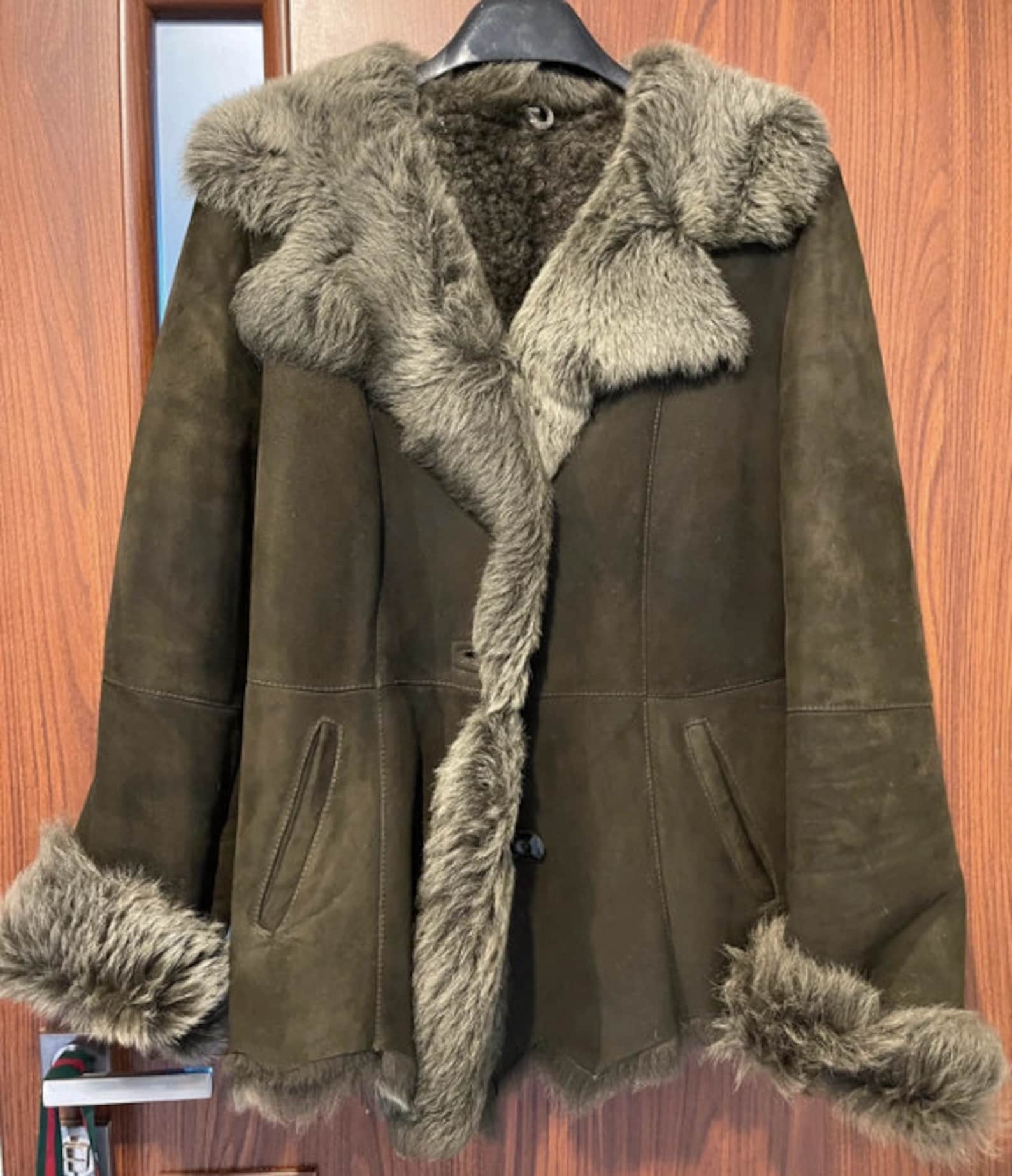 Khaki Green Shearling Lama Fur Coat Jacket / Size M / Green Grey ...