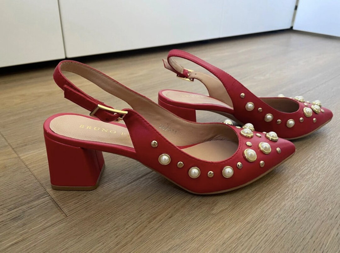 Red Leather With Pearl Decoration Sling Back Sandals Block Heel Size 36 ...