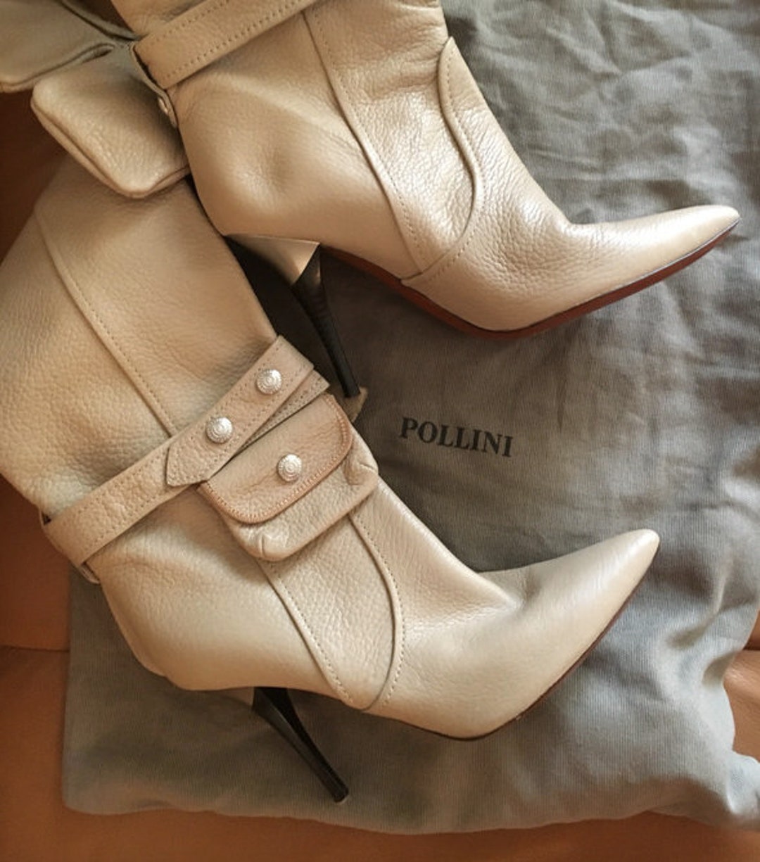 Vintage Studio Pollini Cream Leather Cargo Heel Boots Removable Exposed ...