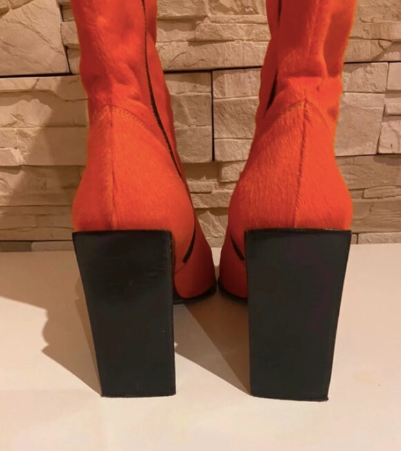 Y2K Orange Pony Leather Ankle Boots / Mid Calf 90s Boots Bright Orange ...