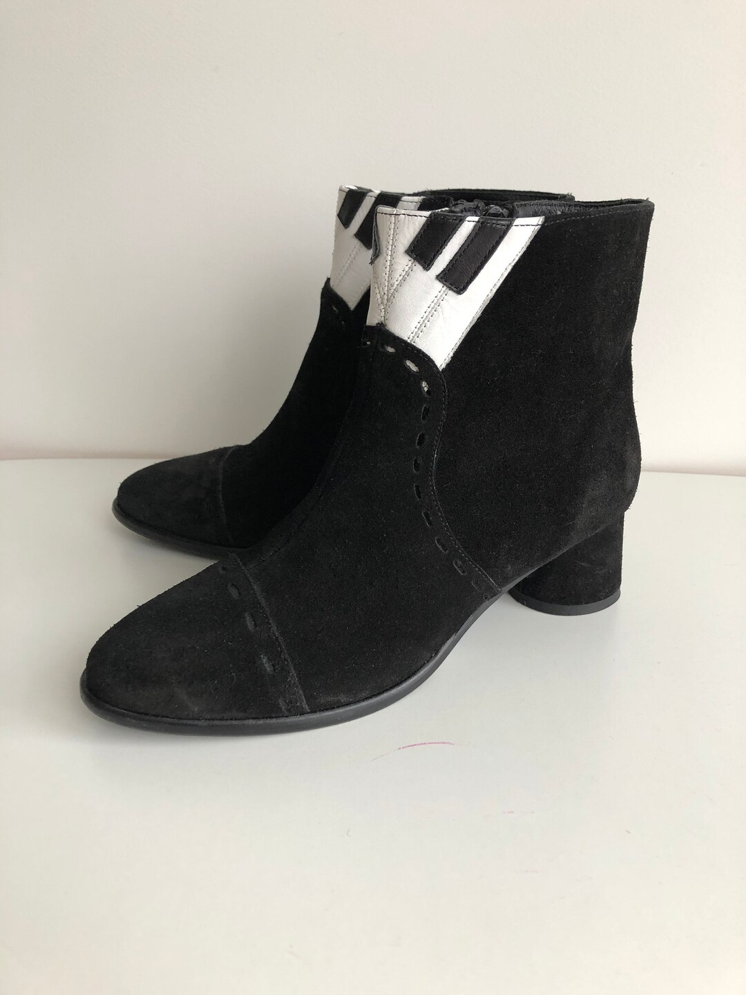 Vintage Italian Leather Piano Black and White Statement Ankle Boots ...