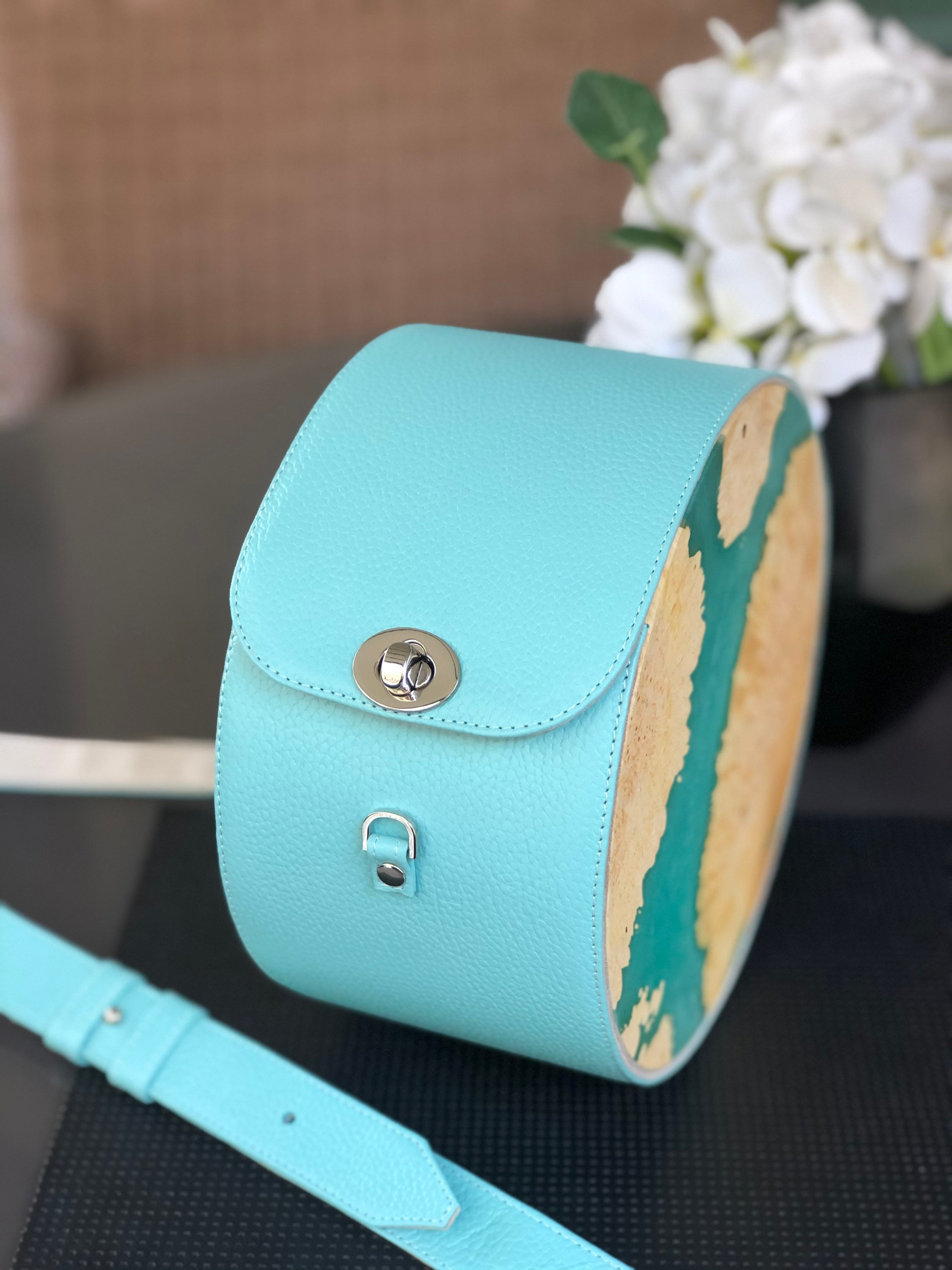 Bag round leather bag with wood and epoxy resin bags leather | Etsy
