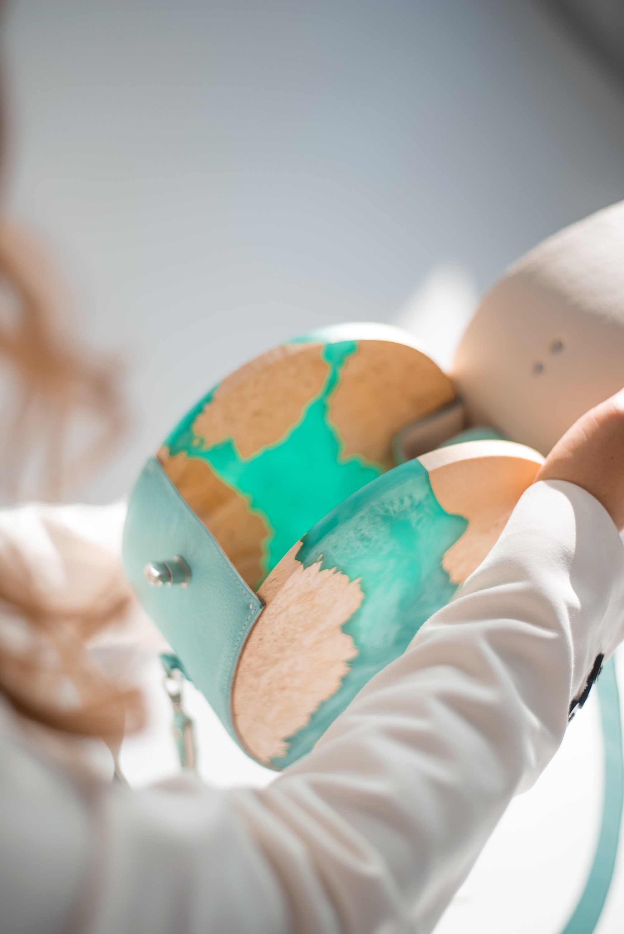 Bag round leather bag with wood and epoxy resin bags leather | Etsy