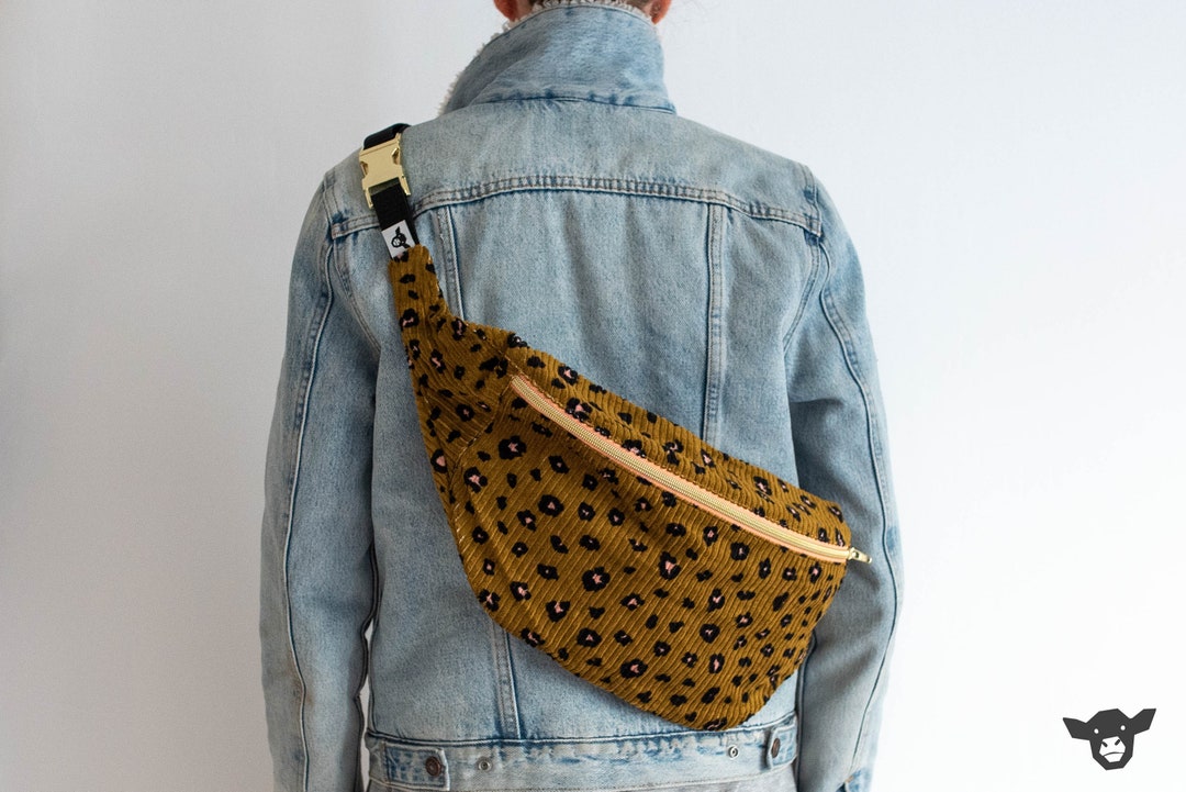 Extra Large Bum Bag 2.0 Made of Wide Cord Leo Pattern Khaki Green, Webbing With Gold Metal ...