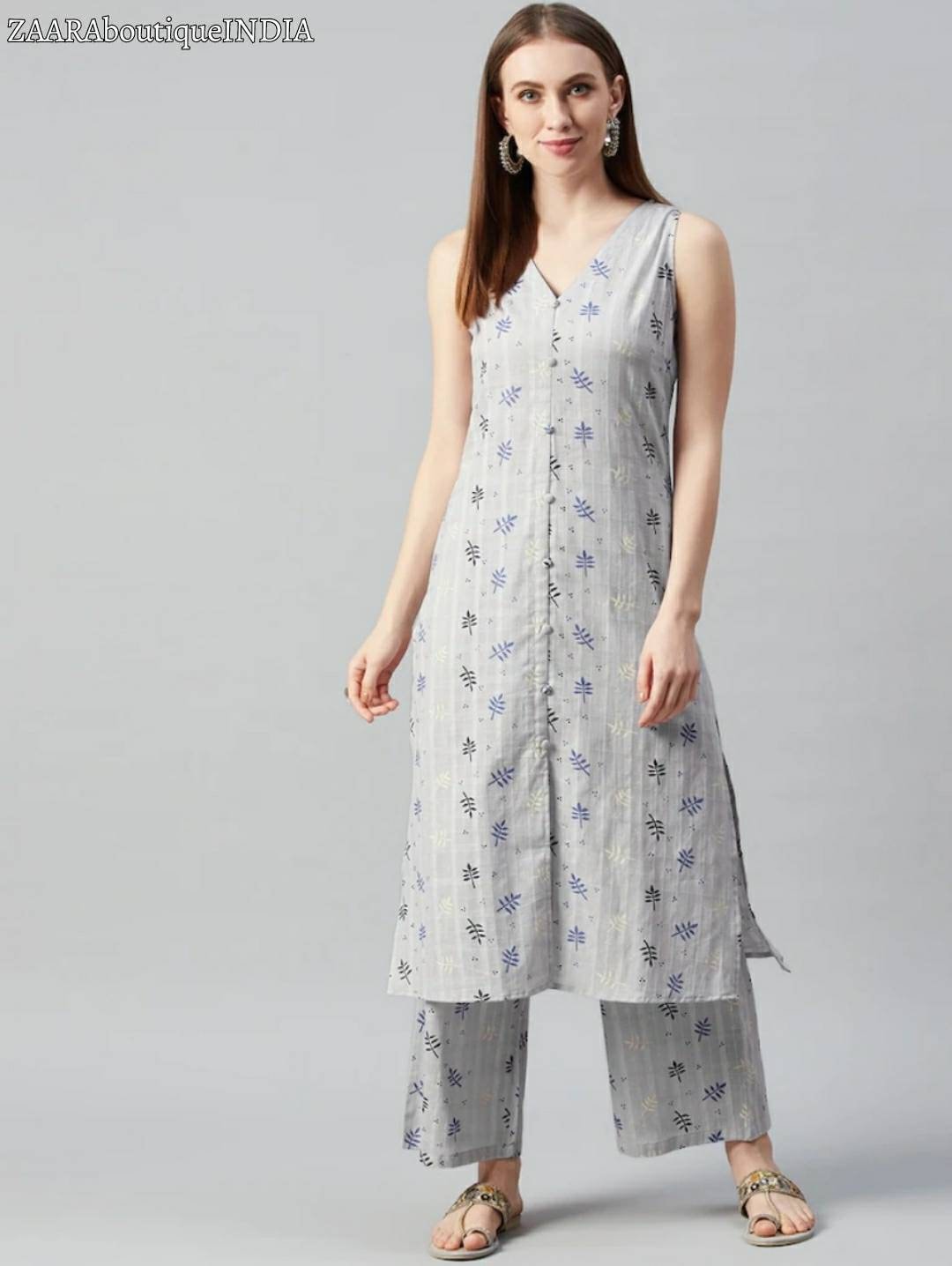 Sleevless Kurta Set | Grey & Blue Printed Cotton Kurta Palazzo | Kurta ...