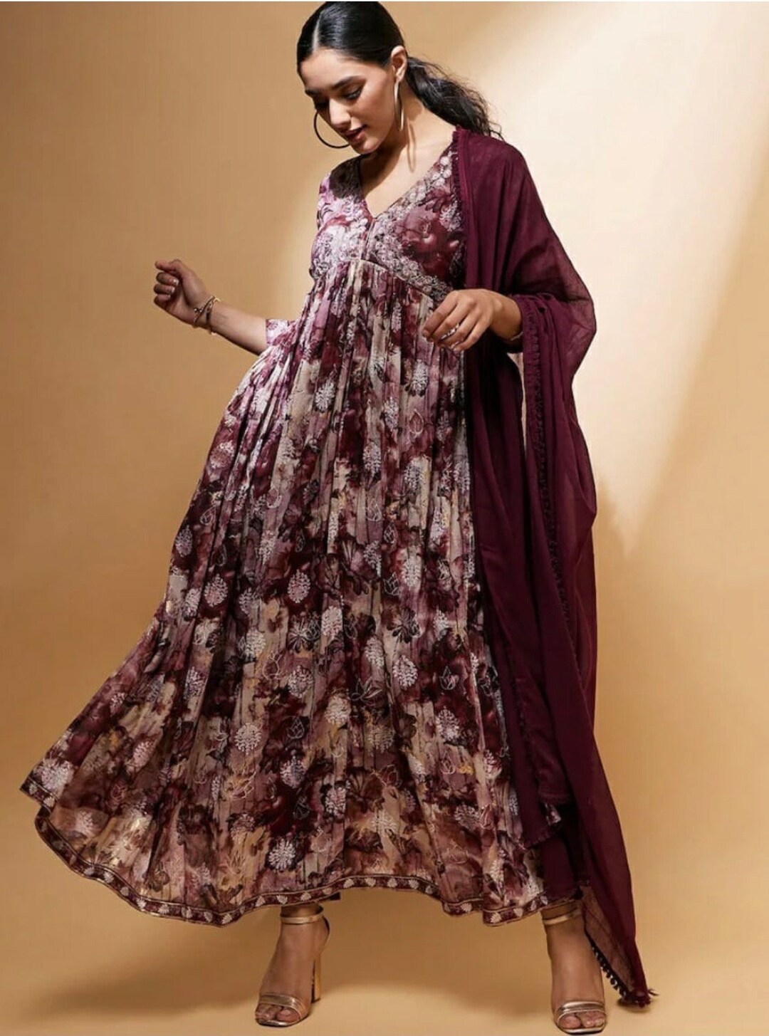 Indian Party/wedding Wear for Women - Burgundy Embroidered Anarkali Silk Kurta With Trouser ...