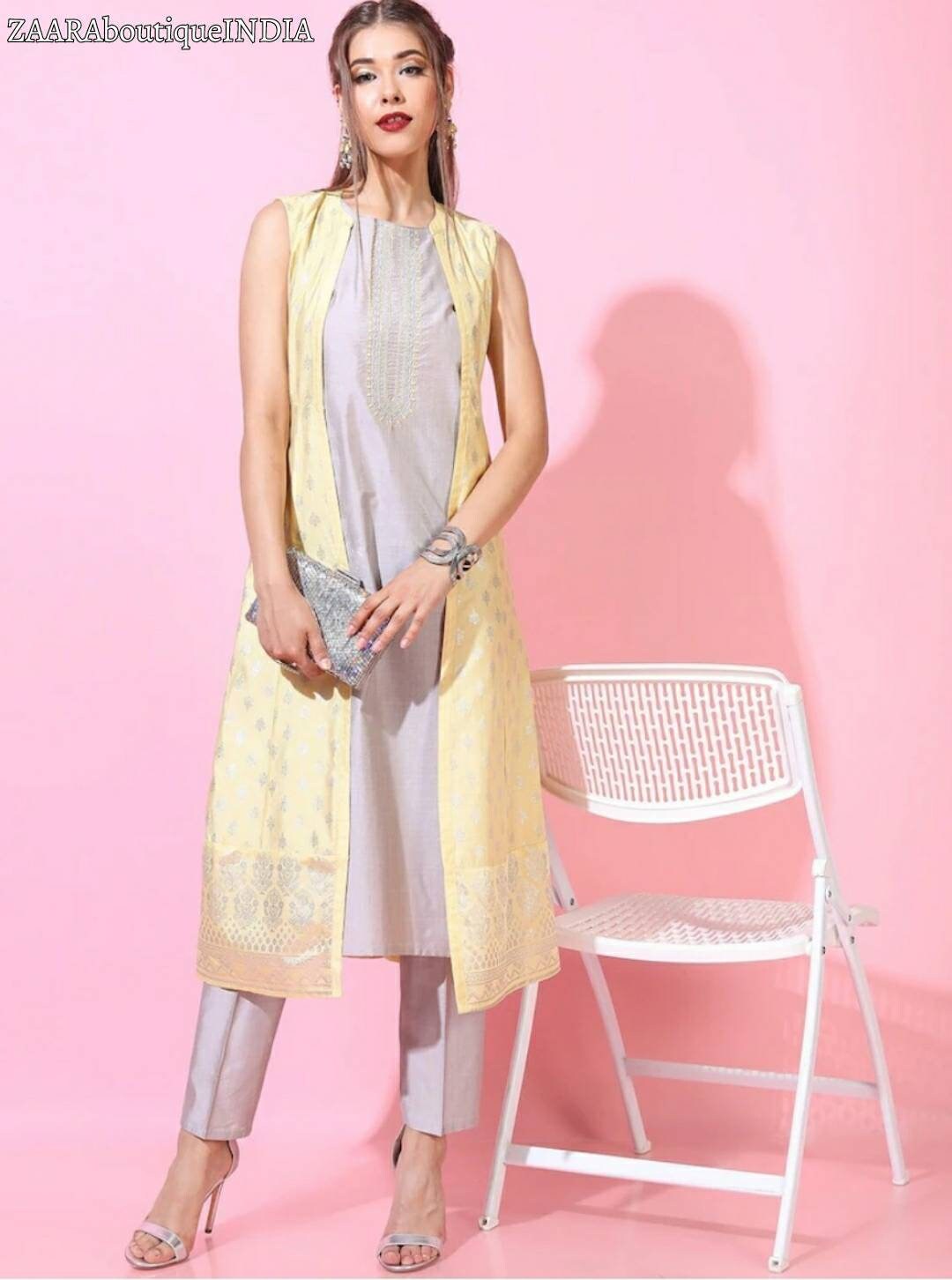 Kurta With Jacket & Trouser - Kurti for Women - Yellow and Grey Thread ...