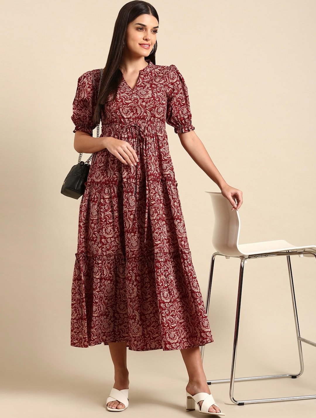 Dresses for Women - Red Floral Ethnic A-line Cotton Midi Ethnic Dress ...