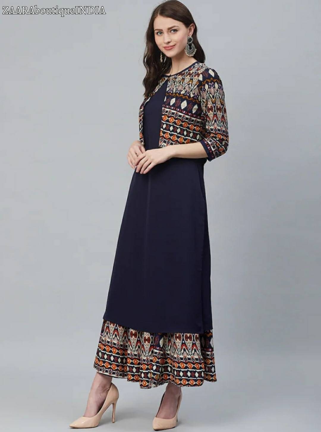 Kurta With Palazzo & Ethnic Jacket, Graduation Gift, Blue and White ...