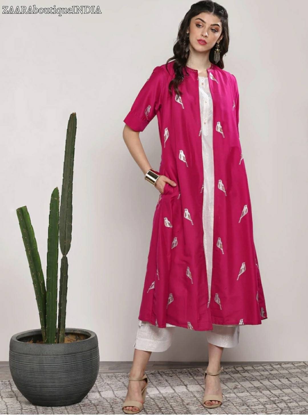 Kurta Set With Ethnic Jacket | Fuchsia & White Layered Printed Plus ...