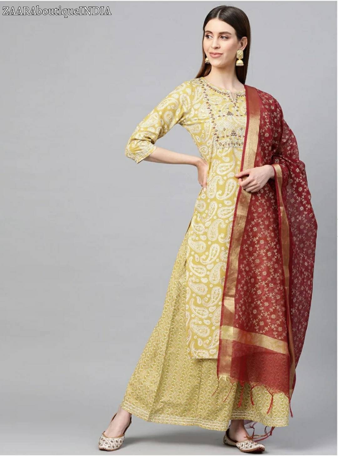 Kurta Set | Yellow & Off-white Khari Printed Cotton Kurta With Palazzo ...