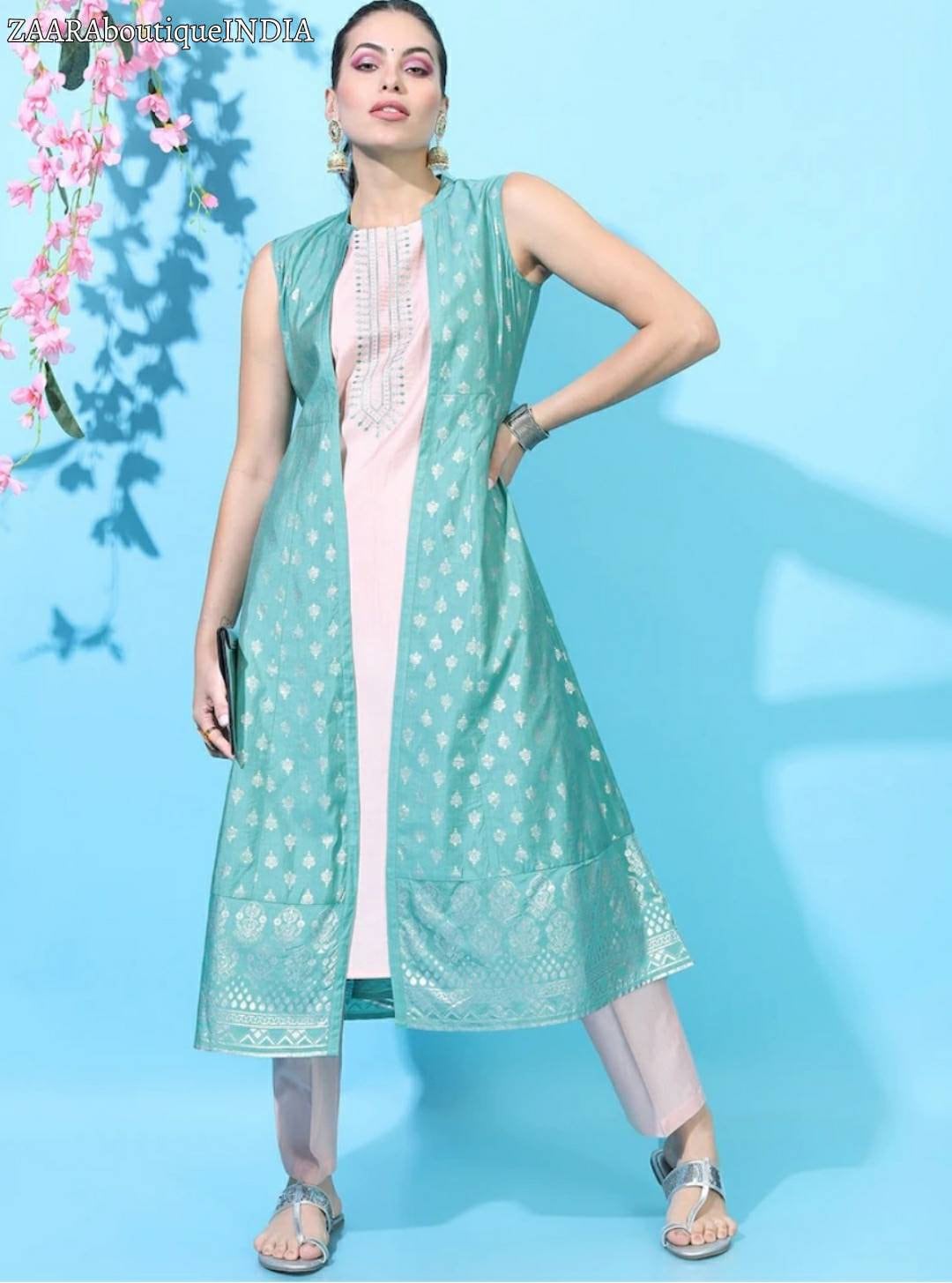 Kurta With Jacket & Trouser - Kurti for Women - Pink and Sea Green ...