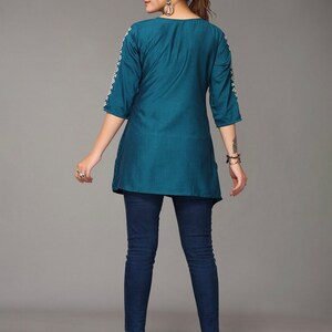 Kurtis for Women | Teal Blue Embroidered A-line Kurti Top Tees | Short ...
