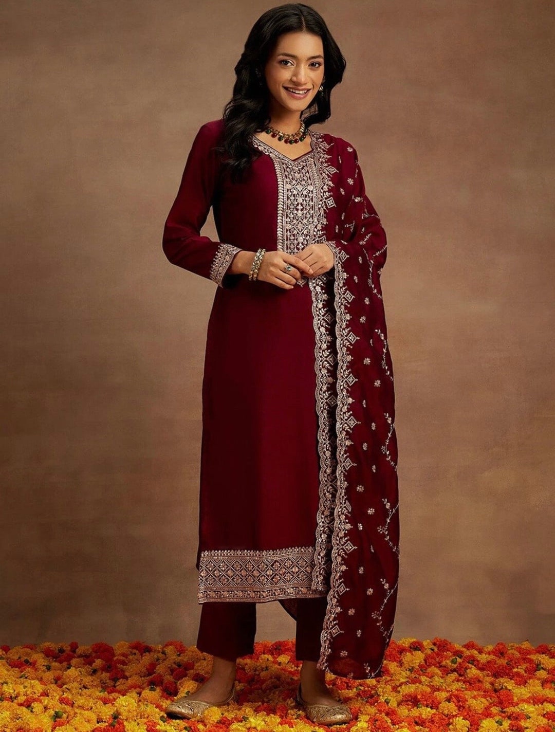 Indian Party Wear Dress for Women - Burgundy Embroidered Silk Kurta ...