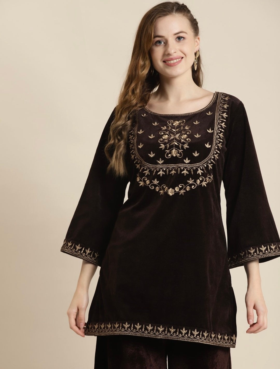 Velvet Kurtis Tunic for Women, Brown & Gold Embroidered Flared Sleeves ...