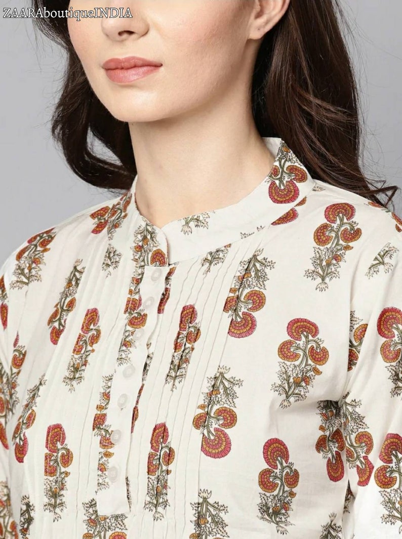 Ethnic Top Pure Cotton Off-white & Green Floral Printed Top - Etsy