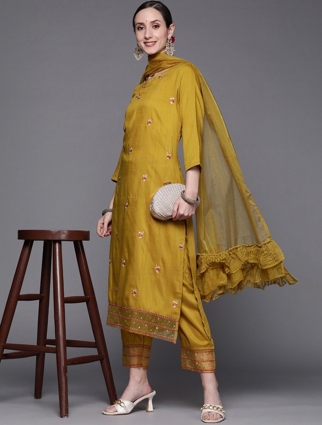 Indian Dress for Women - Mustard Yellow Thread Work Embroidered Kurta ...