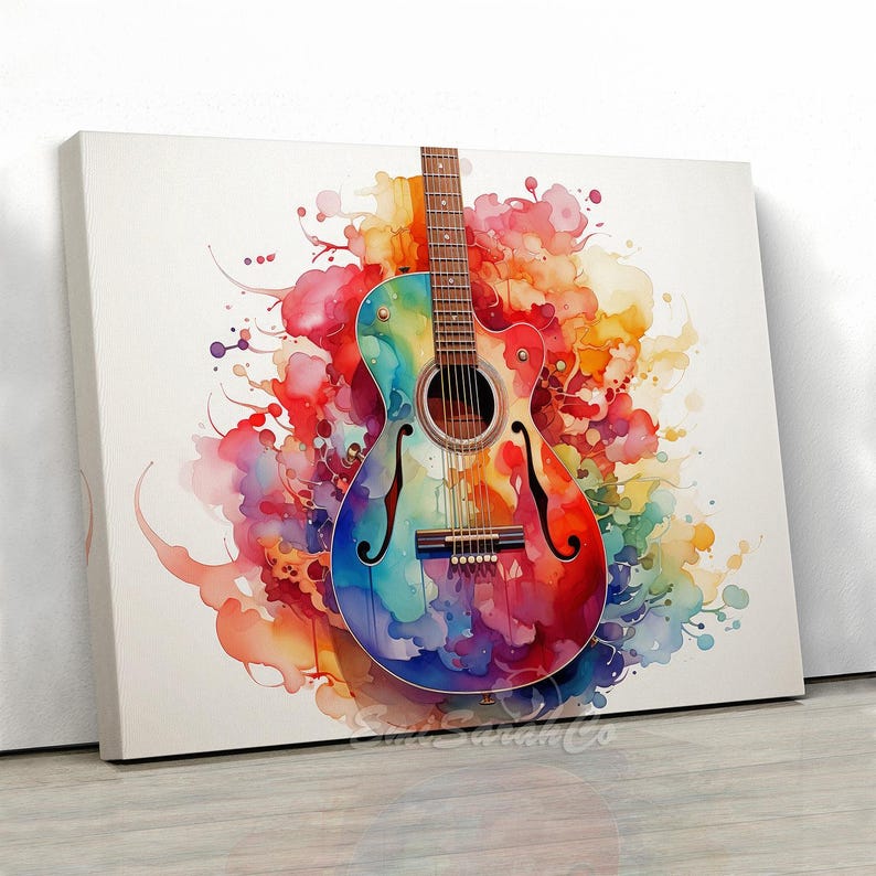 Watercolor Rainbow Guitar Canvas Print Wall Art - Dreamy Bohemian Music ...