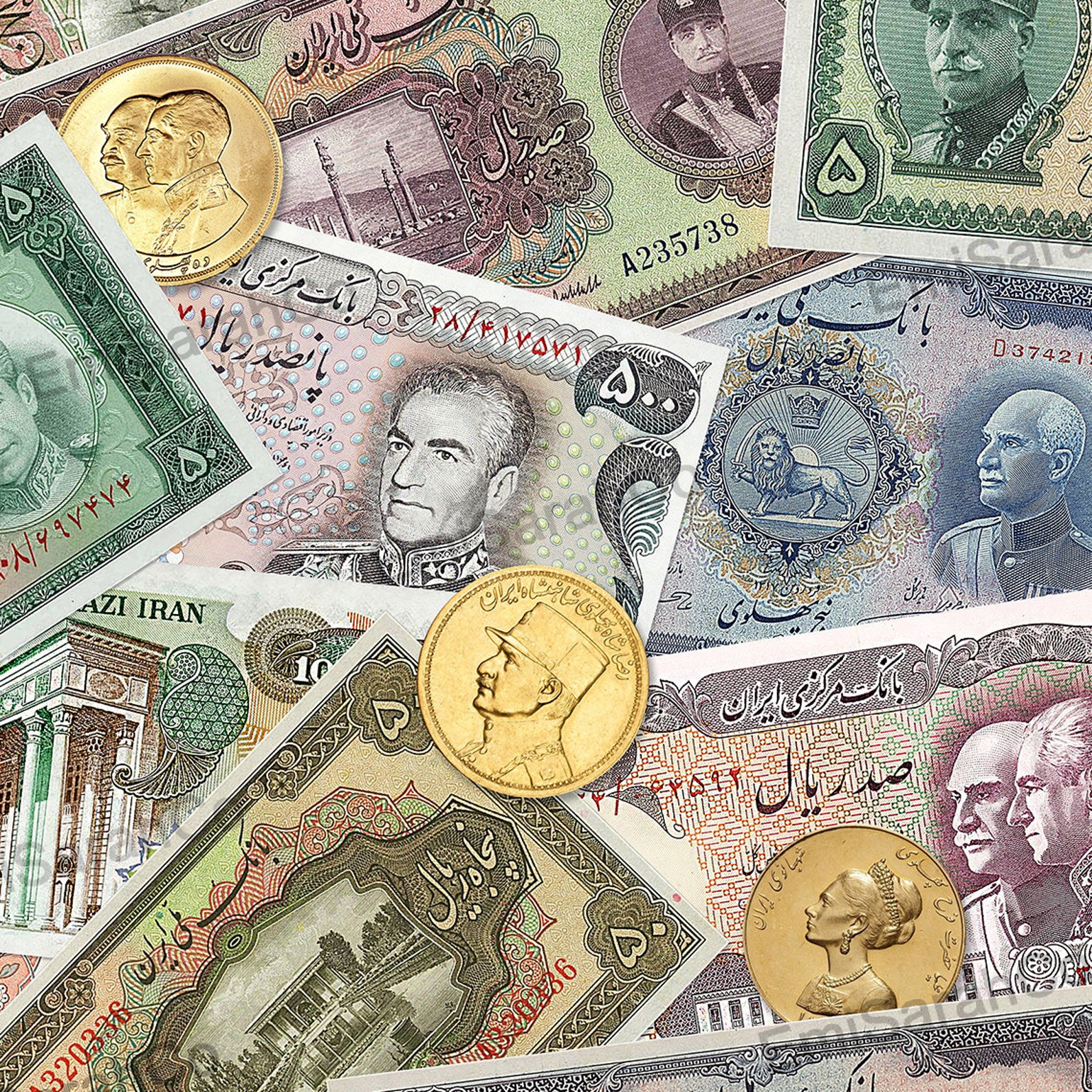 Persian Pahlavi Qajar Banknotes Paper Money Coins Canvas | Persian Wall ...