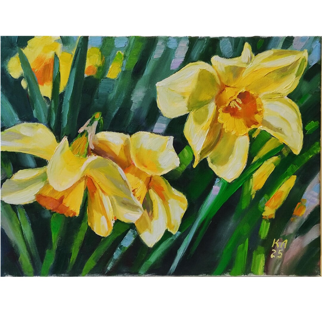 Yellow Daffodil Flower Oil Painting, Floral Landscape, 11.8 * 15.7 In ...
