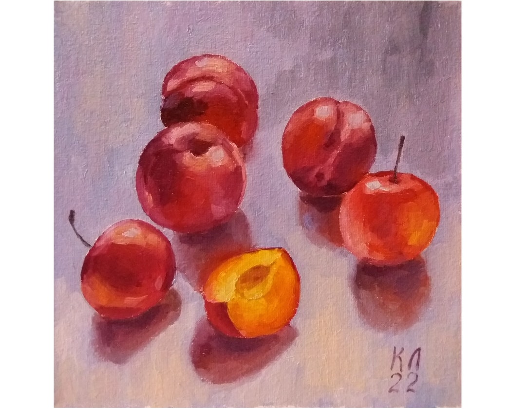 Original Plum Still Life Oil Painting: Kitchen Fruit Art (7.8x7.8 Inch ...