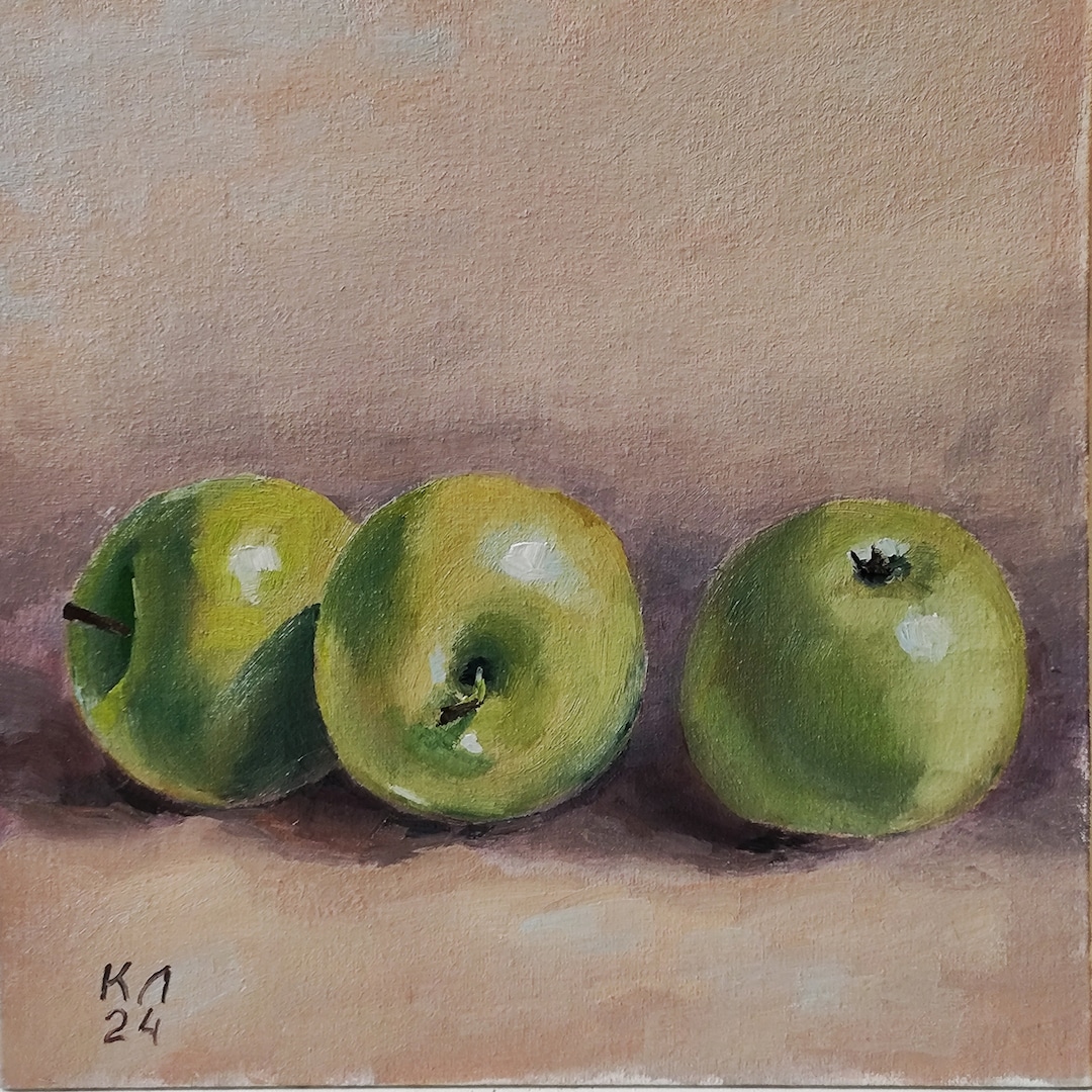 Oil Painting, Green Apple Still Life on Canvas Board, 9.8 X 9.8 In ...