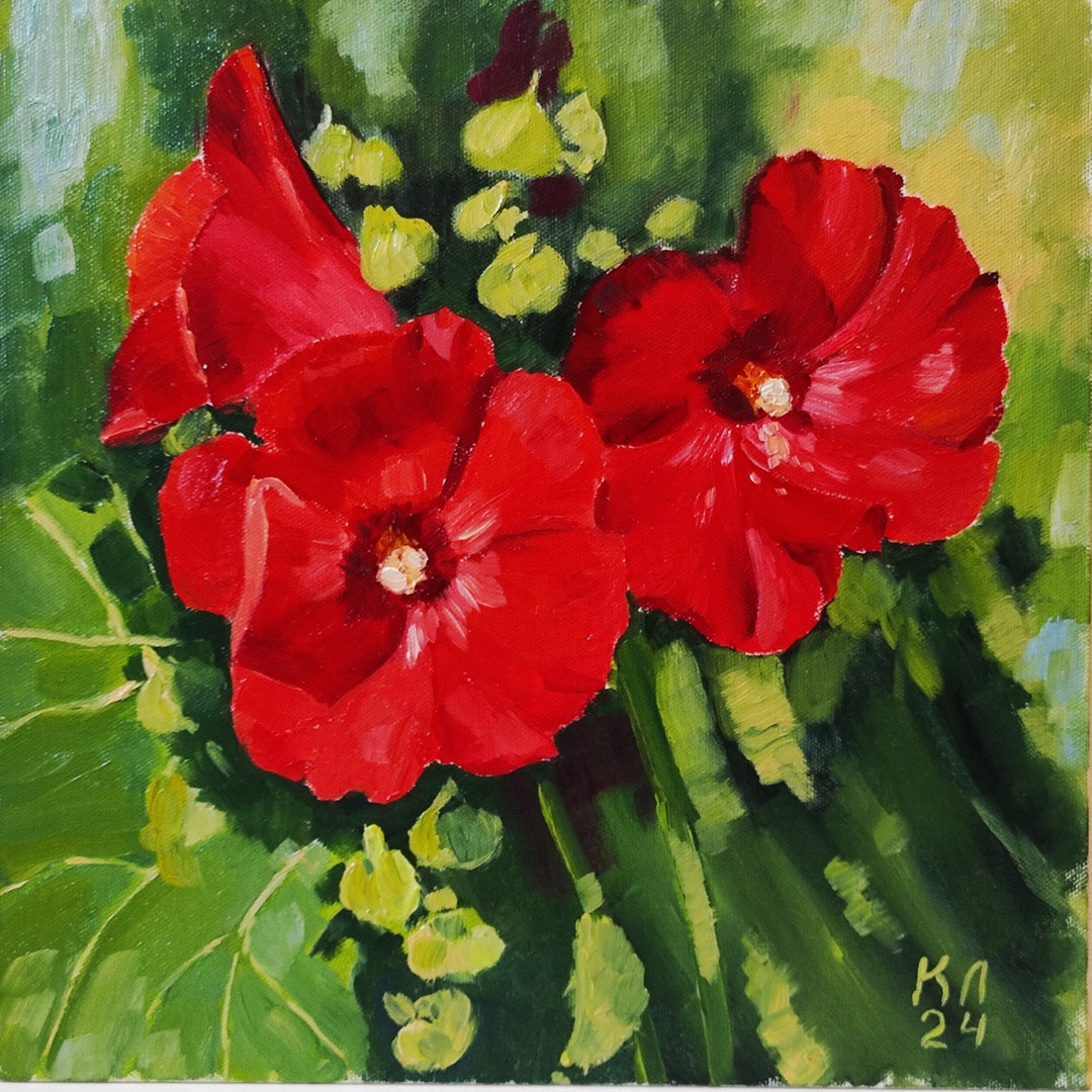 Mallow Floral Landscape, Hollyhock Oil Painting, Red Flowers - Etsy