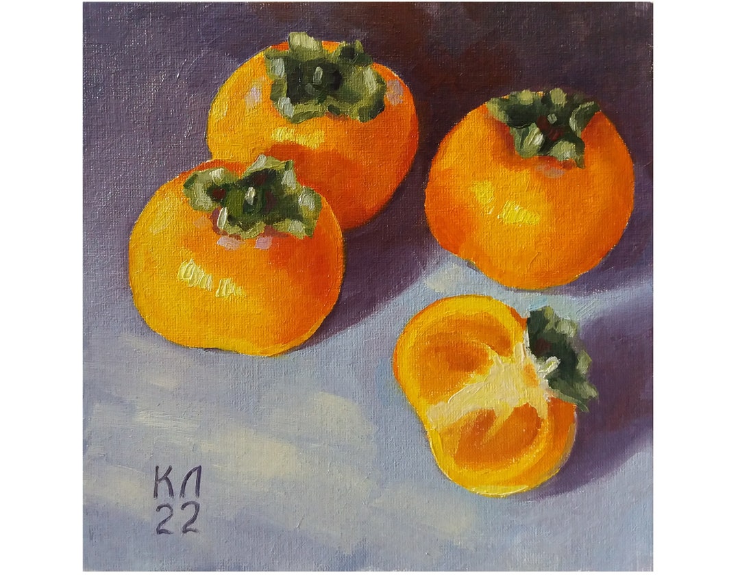 Persimmon Oil Painting, Still Life 7.8 X 7.8 in on Canvas Board, Decor ...