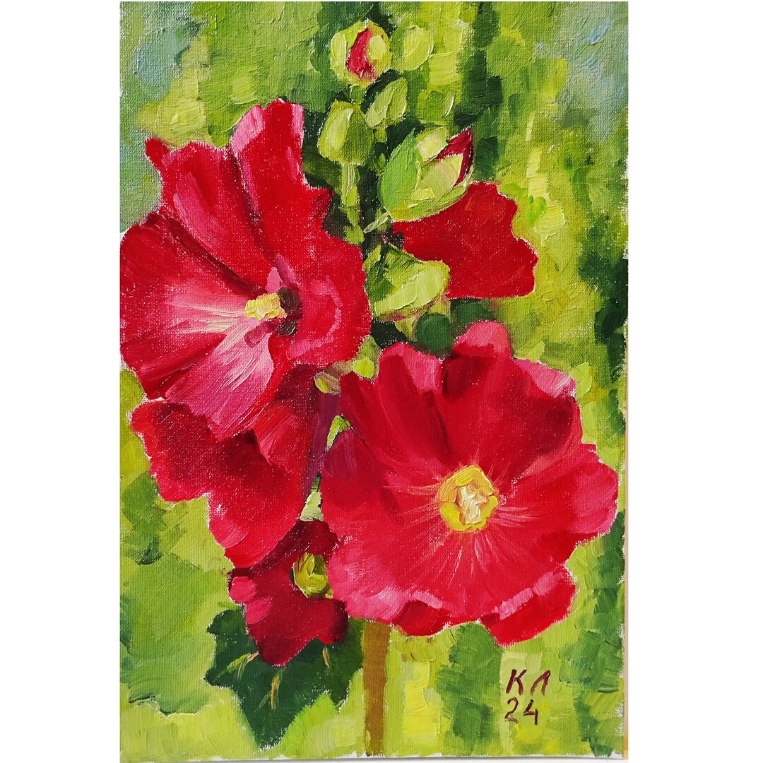 Mallow Floral Landscape, Hollyhock Oil Painting, Red Flowers - Etsy