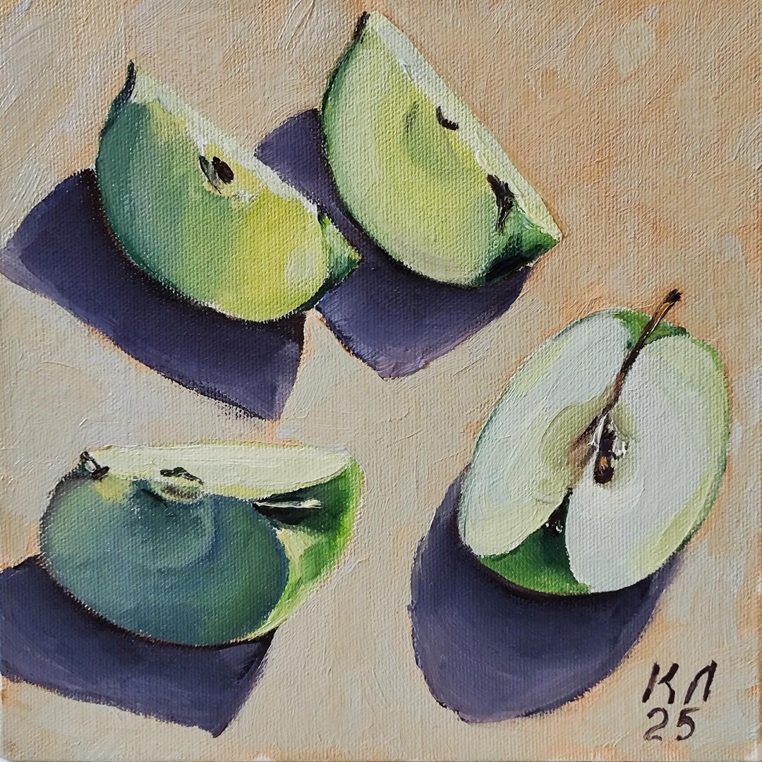 Original Oil Painting, Green Apple Still Life, Fruit Small Oil Painting ...