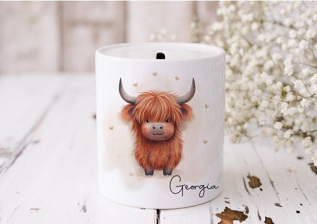 Personalised Money Box, Ceramic Piggy Bank, Highland Cow Gifts for Her ...
