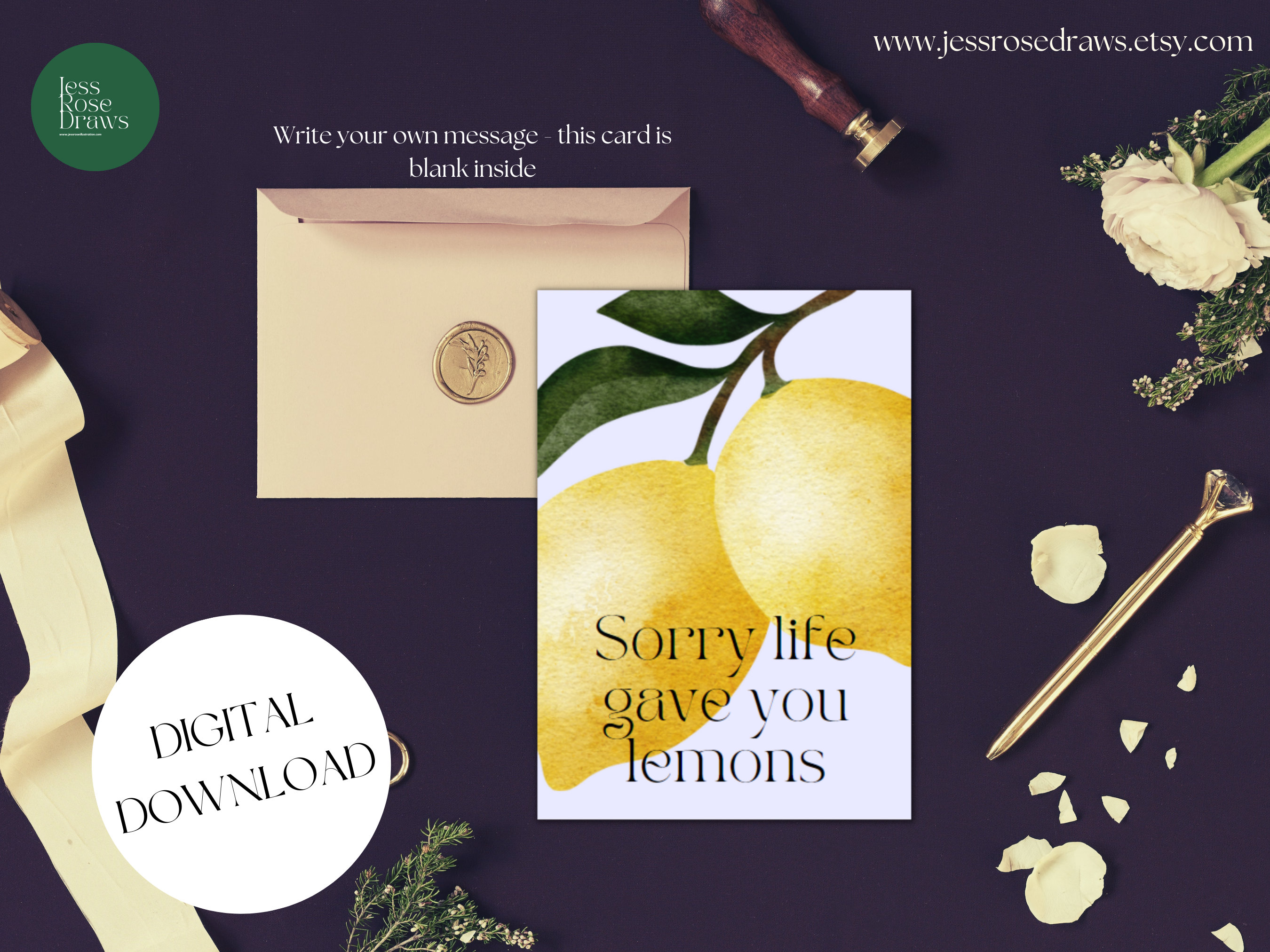 Sorry Life Gave You Lemons Digital Printable Card 7x5 Inches Sympathy ...