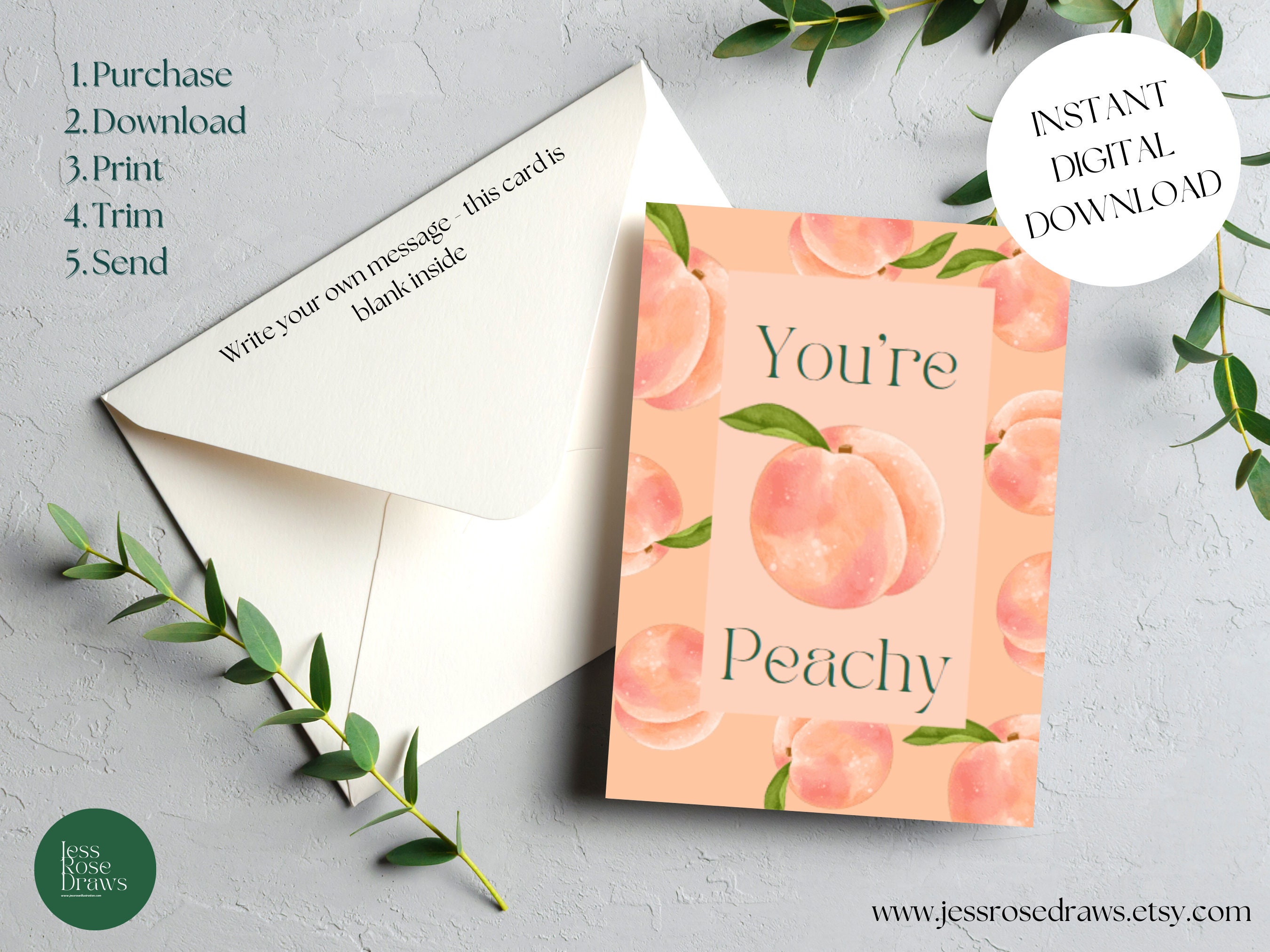Watercolor Peach Greeting Card Printable 7x5 Inches You're Peachy ...