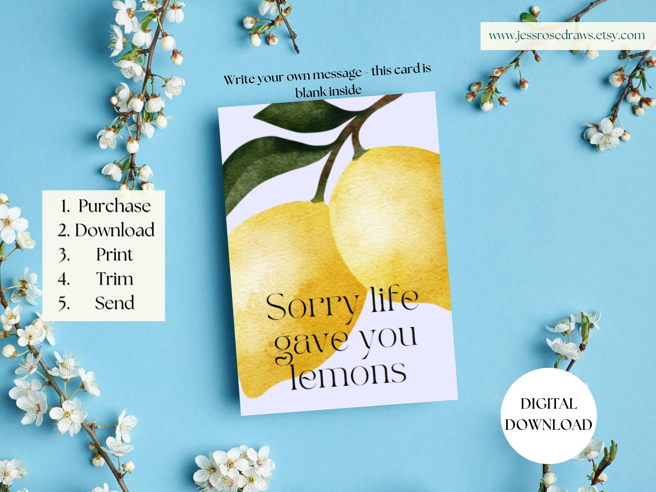 Sorry Life Gave You Lemons Digital Printable Card 7x5 Inches Sympathy ...